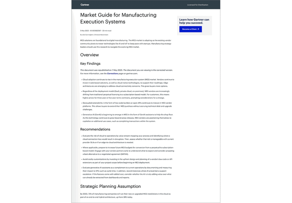 Gartner Market Guide for MES 2025 - Critical Manufacturing
